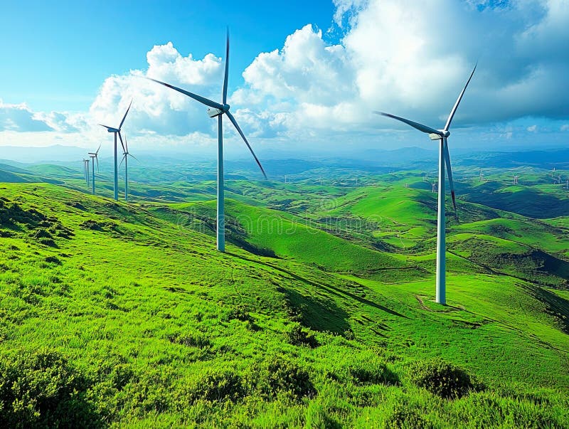 A Wind Farm Sits on Rolling Green Hills Under a Partly Cloudy Sky, with ...