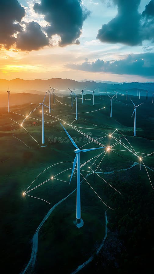 Wind Farm Sunset Aerial View with Digital Network Stock Illustration ...