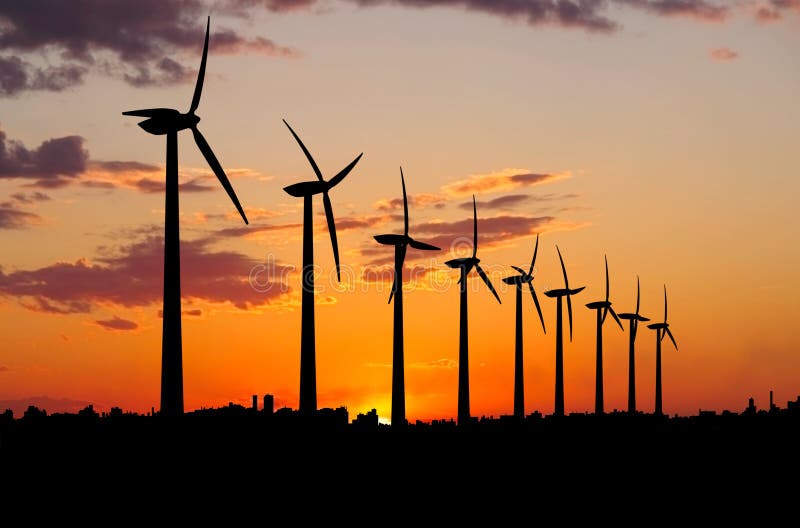 Wind farm at sunset stock image. Image of background - 152402867