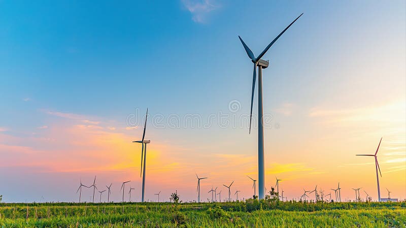 Wind Farm at Sunset with Turbines in Full Rotation Capturing Kinetic ...