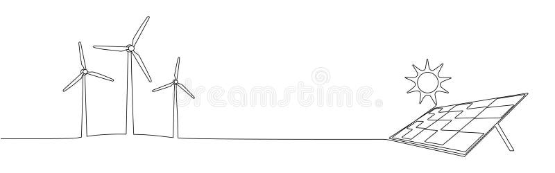 Wind Farm Turbine, Solar Panel with Sun Continuous One Line Icon ...