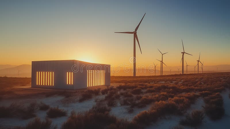 A Wind Farm with a White Building in the Middle. the Building is ...