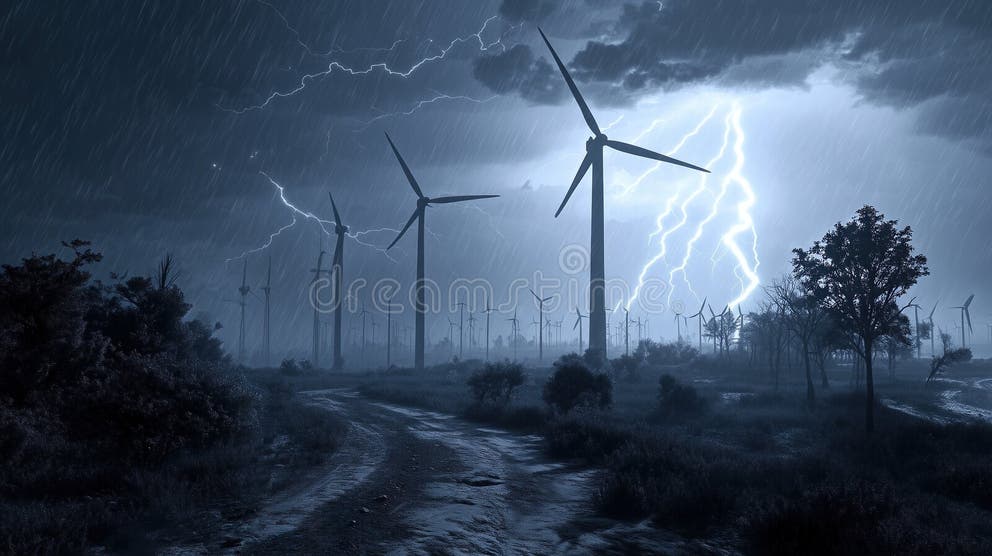 Wind Farms with Lightning in the Backdrop, Black and White Image, and ...
