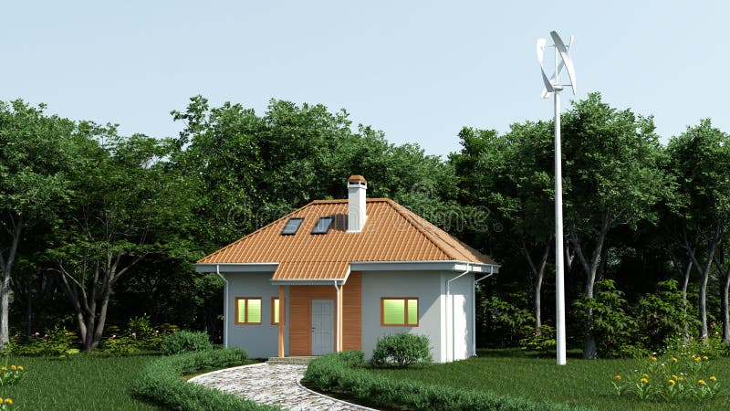 Wind Generator Near the House, 3D Illustration Stock Illustration ...