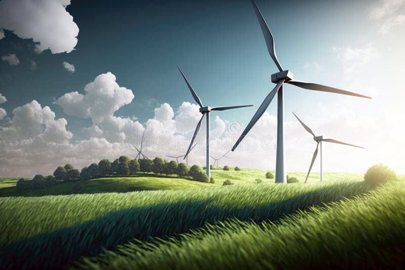 Wind Generators in a Green Field. Generative AI Stock Illustration ...