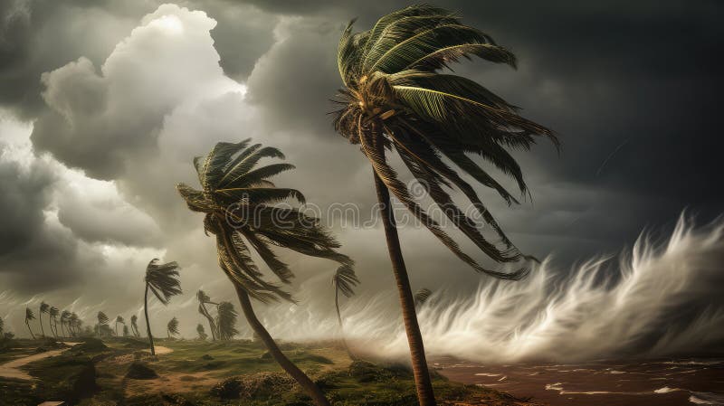 Wind hurricane palm tree stock illustration. Illustration of destruction - 369429228