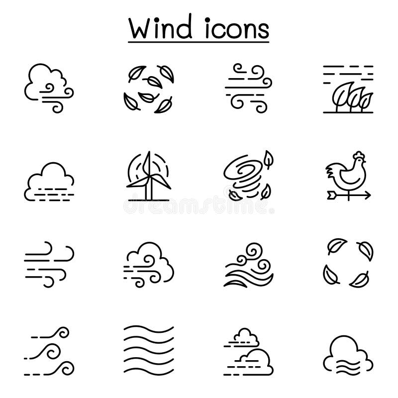 Wind Icon Set in Thin Line Style Stock Vector - Illustration of leaf ...