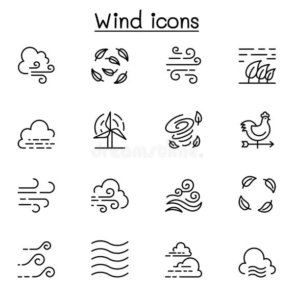 Wind Icon Set in Thin Line Style Stock Vector - Illustration of leaf ...