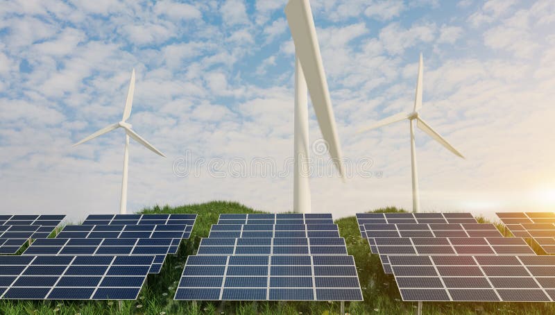 Wind Mill with Solar Panels on Small Hill, Green Power and Green Energy ...