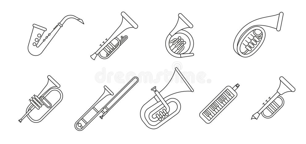 Wind Musical Instruments with the Name in a Thin Line. Set of Wind ...