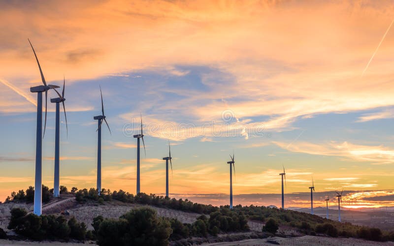 Wind Plant at Sunset for the Generation of Electrical Energy Stock ...