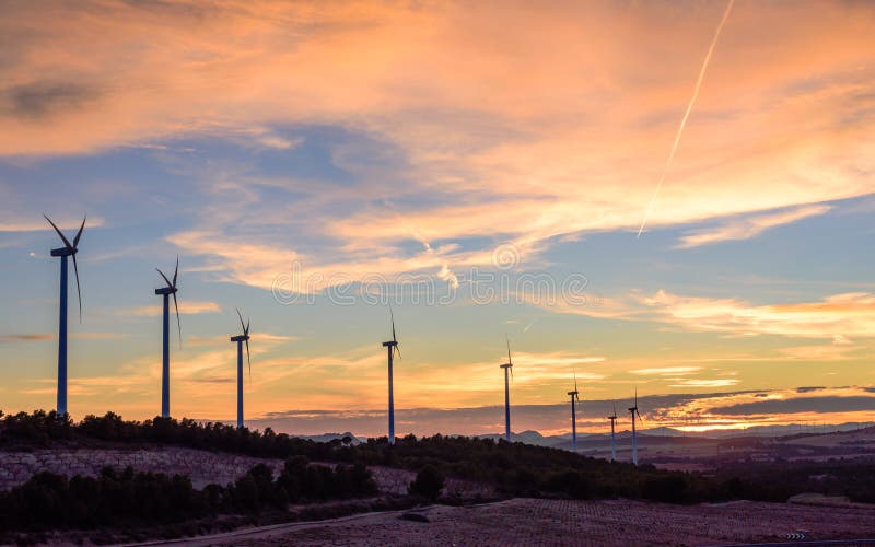 Wind Plant at Sunset for the Generation of Electrical Energy Stock ...