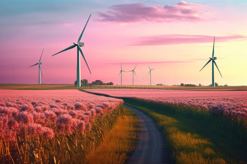 Wind Power Generators Along the Road in the Field Pink Sunset ...