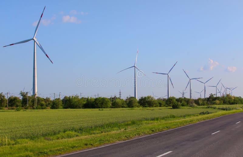 Wind Power Generators Along a Suburban Highway Stock Image - Image of ...
