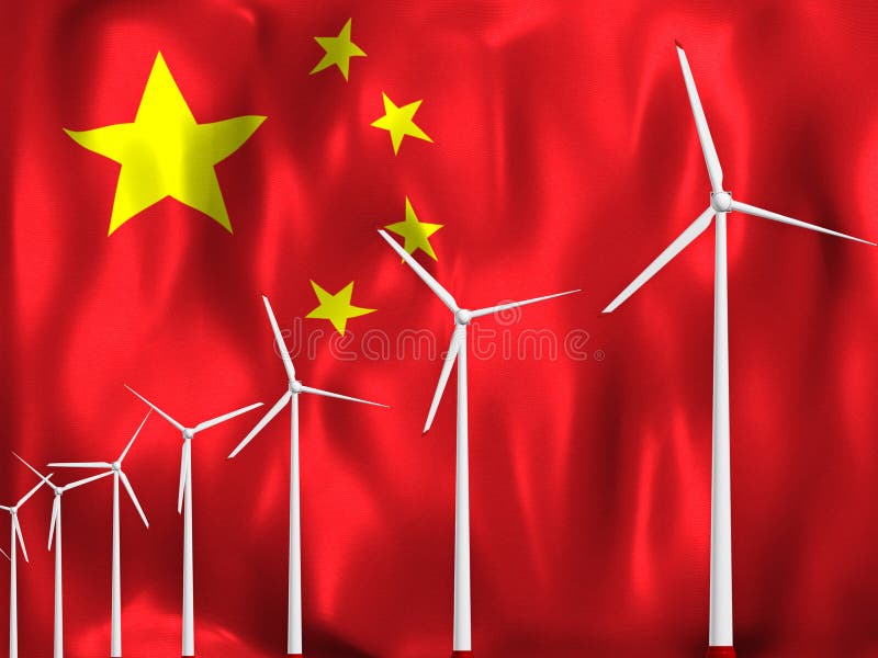 Wind Power Industry in China. Wind Turbines in Front of National Flag ...