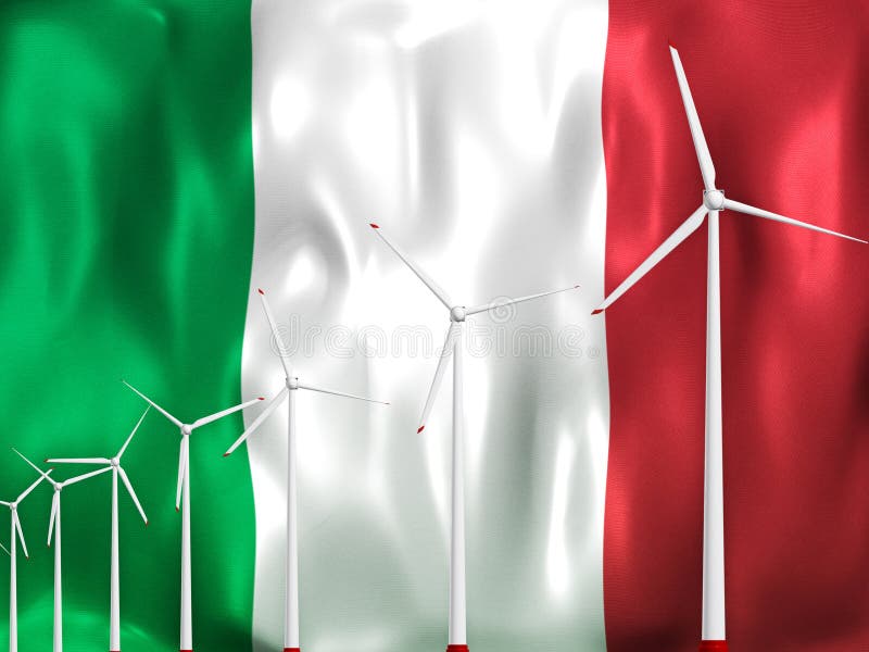 Wind Power Industry in Italy. Wind Turbines in Front of National Flag ...