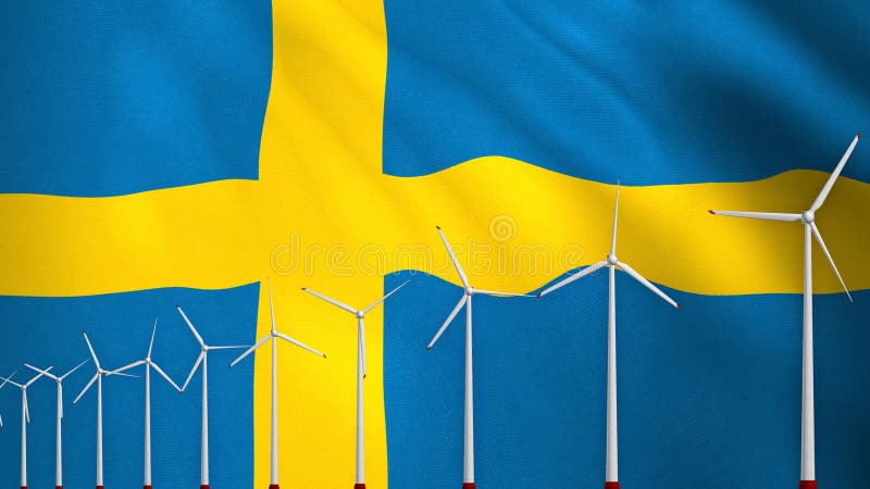 Wind Power Industry in Sweden. Wind Turbines in Front of National Flag ...