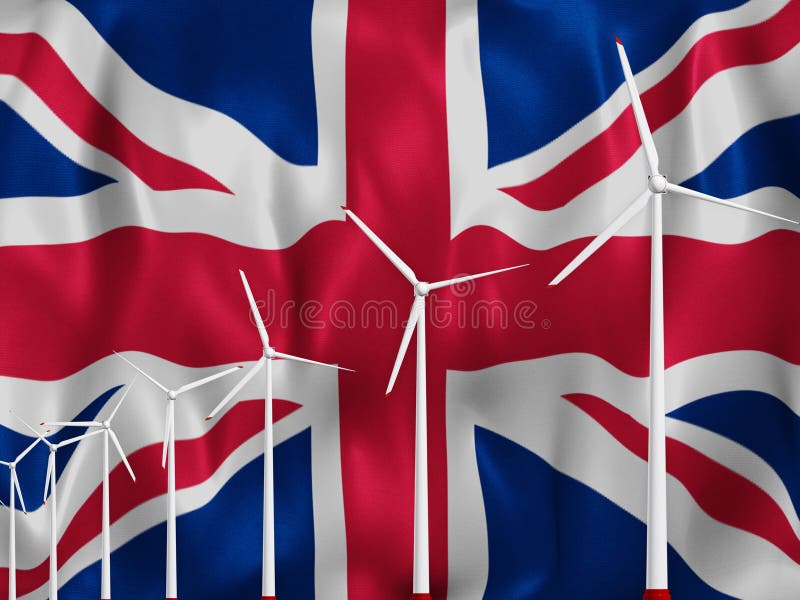 Wind Power Industry in the UK. Wind Turbines in Front of Flag Stock ...