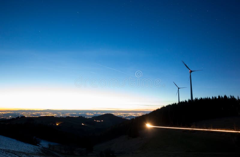 Wind power mill at night stock photo. Image of blue, environmental ...