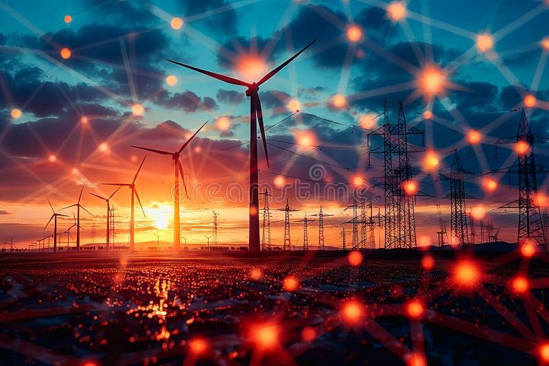 Wind Power Plant and Technology. Smart Grid. Renewable Energy Stock ...