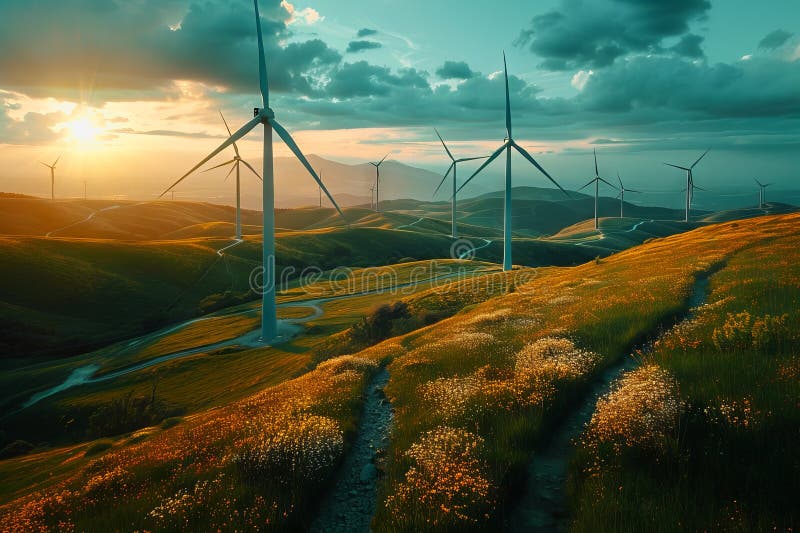 Wind Power Plant and Technology. Smart Grid. Renewable Energy Stock ...