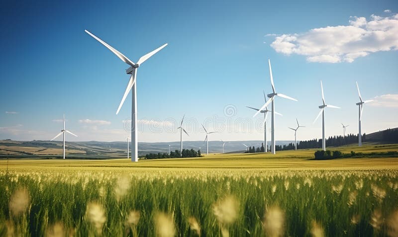 Wind Power Plant on a Wide Green Grass Field, Ai Generative Stock Photo ...