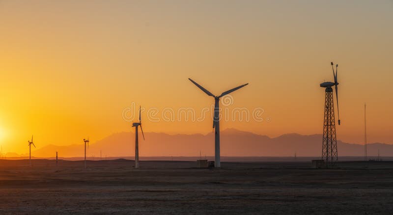 Wind Power Plants in Desert at Sunset Stock Image - Image of generation ...