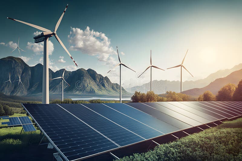 Wind Power and Solar Power Panels at Sunset. Neural Network AI ...