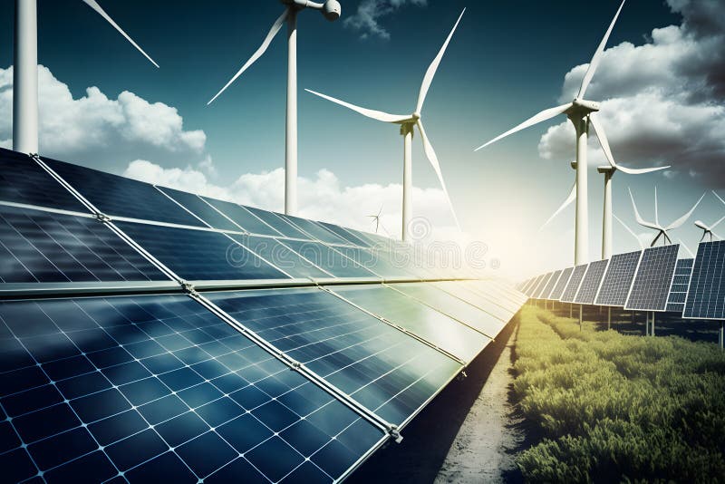 Wind Power And Solar Power Panels At Sunset Neural Network Ai