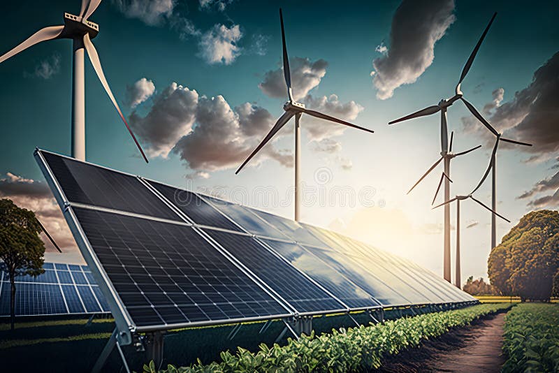 Wind Power and Solar Power Panels at Sunset. Neural Network AI ...