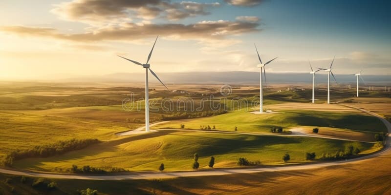 Wind Power with Wind Turbines and Plants Stock Illustration ...
