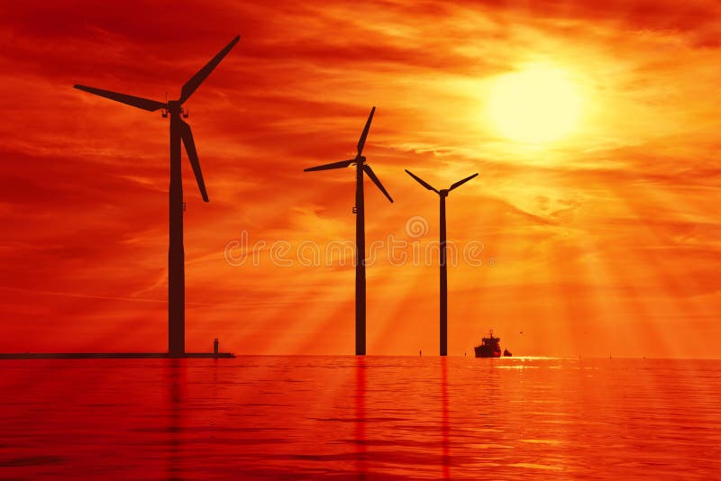 Coastal Wind Turbines Sunset Stock Photo - Image of sundown, turbines ...