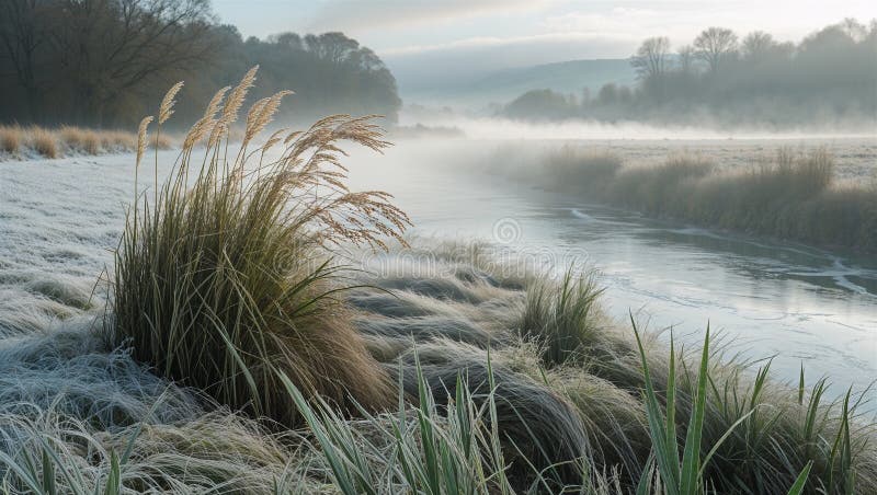 Wind Pushing through Tall Grass Over Frosted Field beside Mist-covered ...