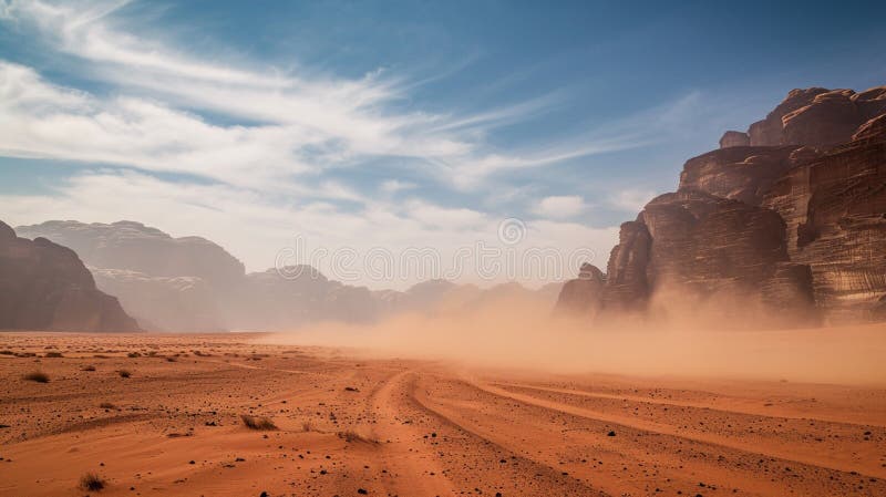 The Wind Raises the Dust in Wadi Rum, Sahara or Arabian Desert. Ai ...