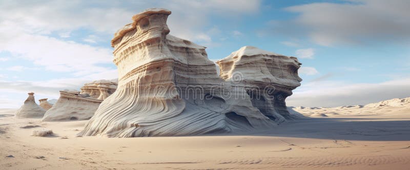 Wind-sculpted Rock Formations Rising from a Desolate, Sandy Expanse ...
