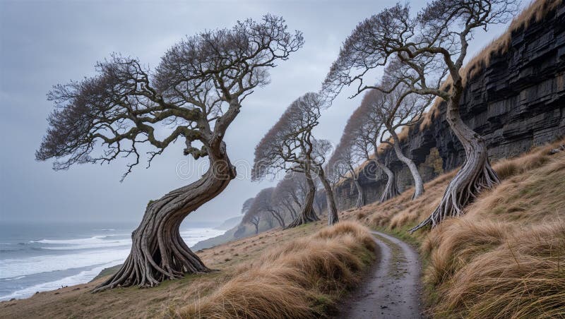 Wind-sculpted Trees Bend Inland Along Cliff Path Under Howling Winter ...