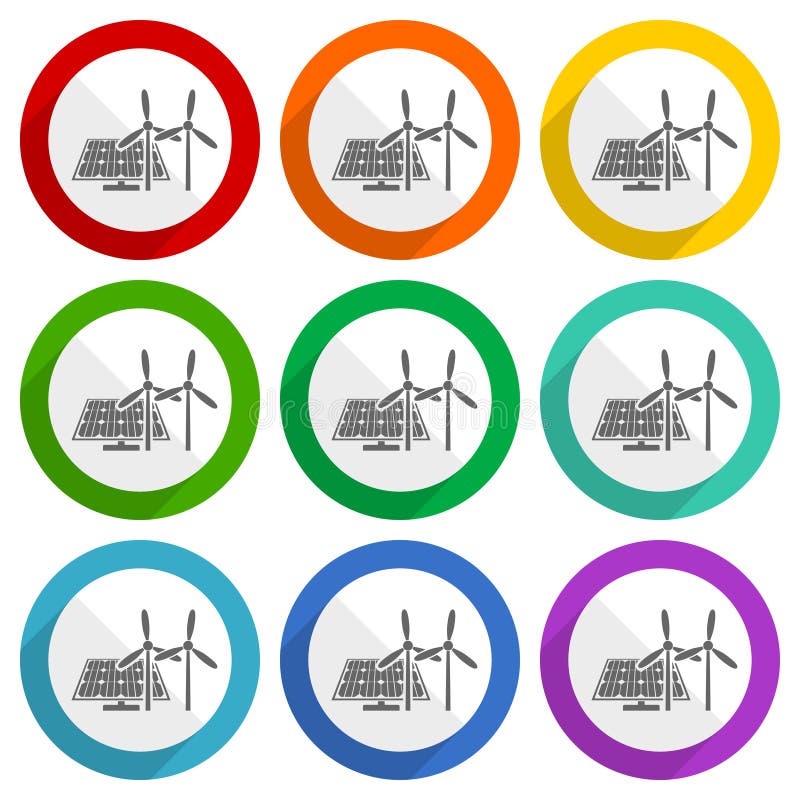 Wind and Solar Energy, Renewables Vector Icons, Flat Design Colorful ...