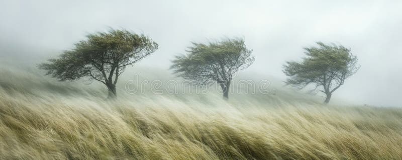 Wind-swept Field with Three Trees Bending in the Breeze, Atmospheric ...