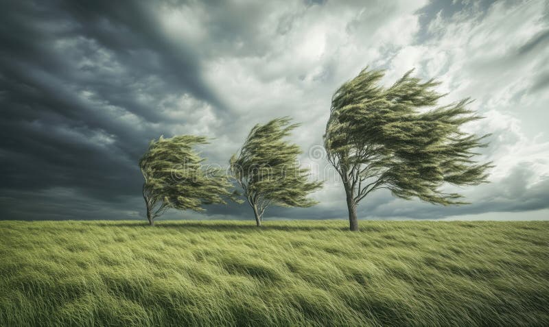 Wind-swept Trees in Dramatic Sky, Grass Field, Stormy Atmosphere Stock ...