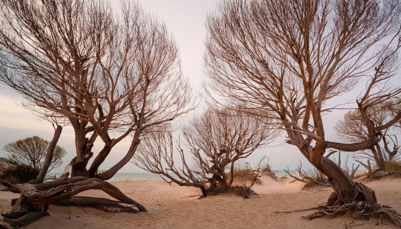 Wind-swept Trees on a Sandy Beach at Sunset Stock Illustration ...
