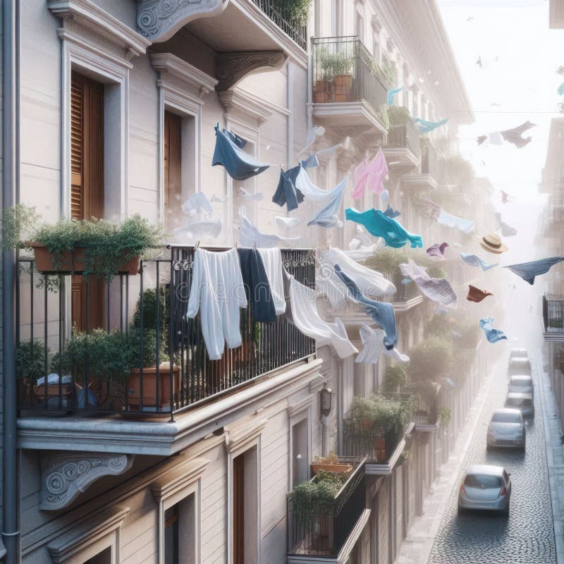 The Wind Tears Clothes Off the Balconies. Stock Image - Image of ...