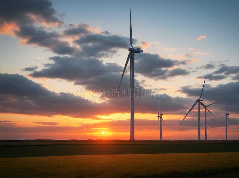 Wind Tubines in a Wind Farm in a Sunny Sunrise Stock Illustration ...