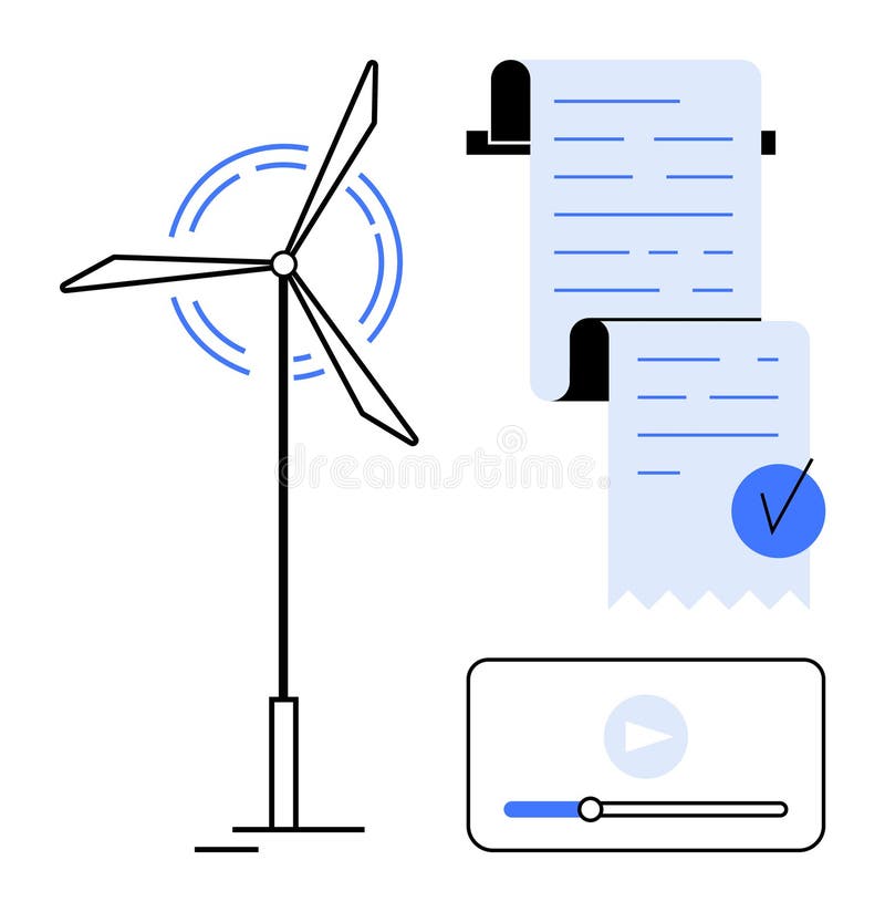 Wind Turbine with Documents and Media Player Symbolizing Renewable ...