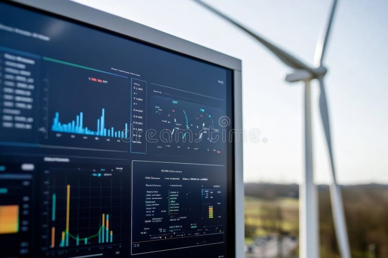 Wind Turbine with Energy Data Analytics Dashboard in the Foreground ...