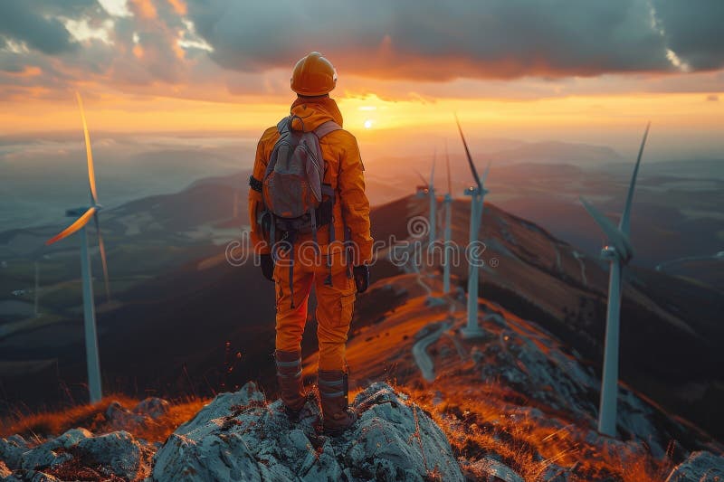 Wind Turbine Engineer in Ppe Celebrates Successful Work Atop a Windmill ...