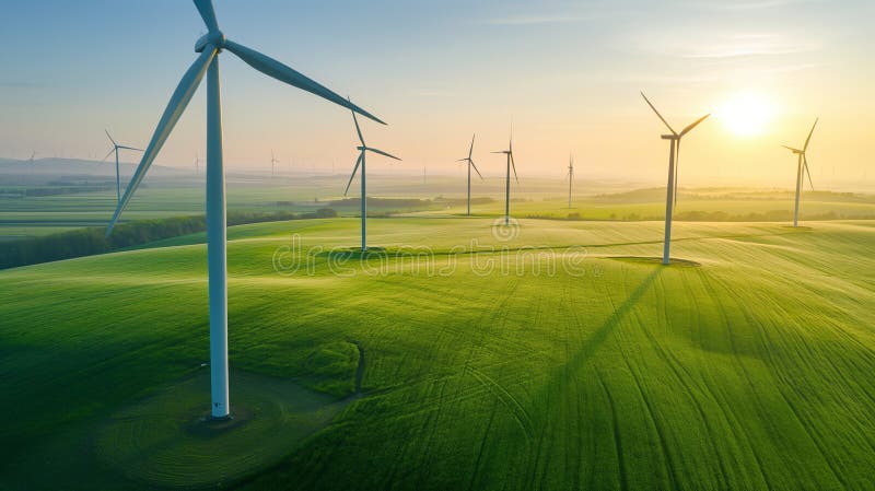 Wind Turbine Farm in Green Fields - Sustainable Power Generation Stock ...