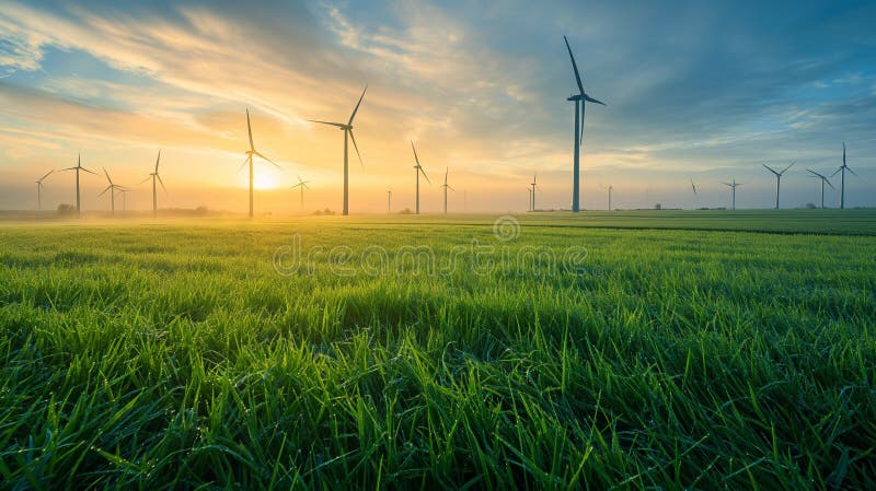 Wind Turbine Farm in Green Fields - Sustainable Power Generation Stock ...