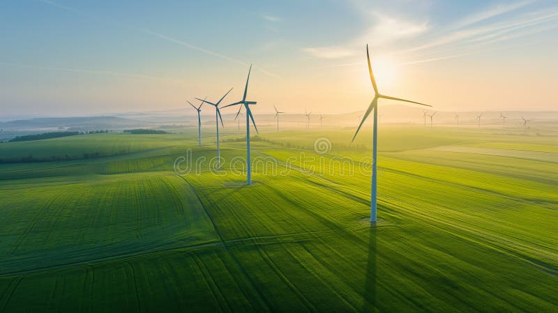 Wind Turbine Farm in Green Fields - Sustainable Power Generation Stock ...