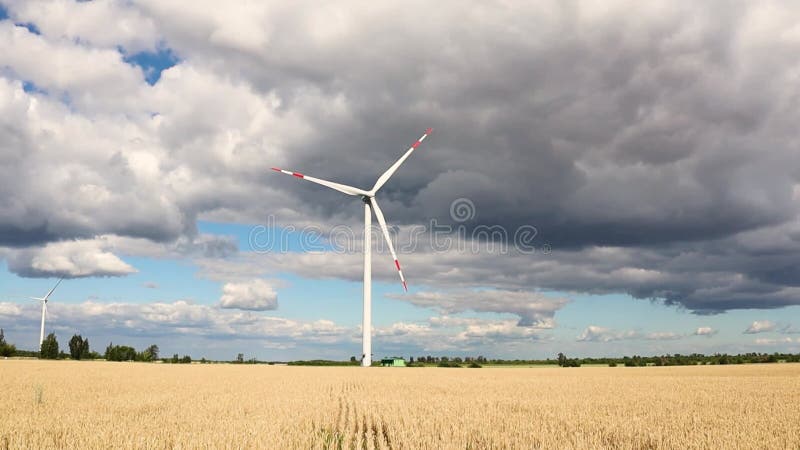 Wind Turbine in a Field of Golden Wheat, Backdrop of Dramatic Clouds ...