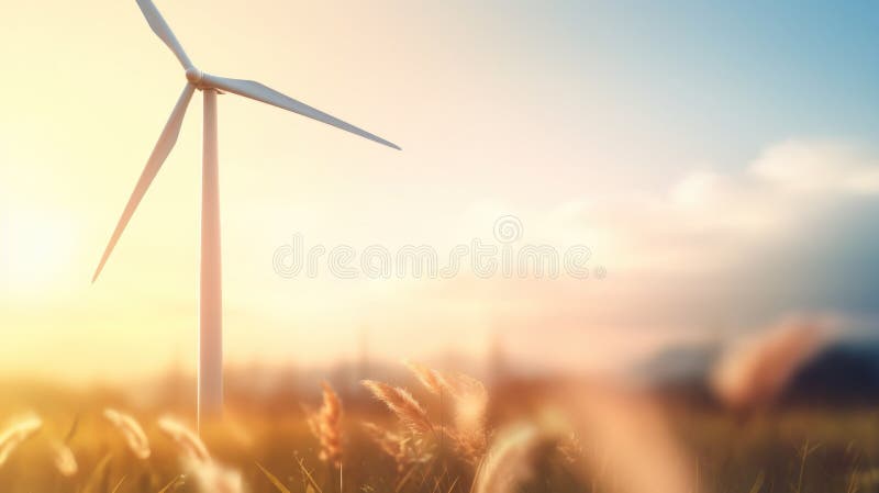 Wind Turbine in a Field with the Sun Behind it, AI Stock Illustration ...
